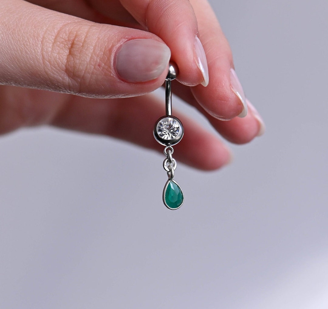 Emerald Green Stone Belly Ring, Belly Button Rings, Belly Ring Dangle ...