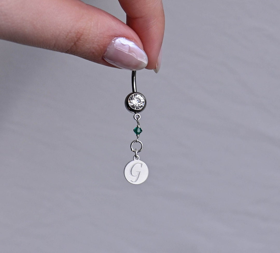 Dainty Belly Button Rings Dangle Initial, Belly Button Rings, Belly ...