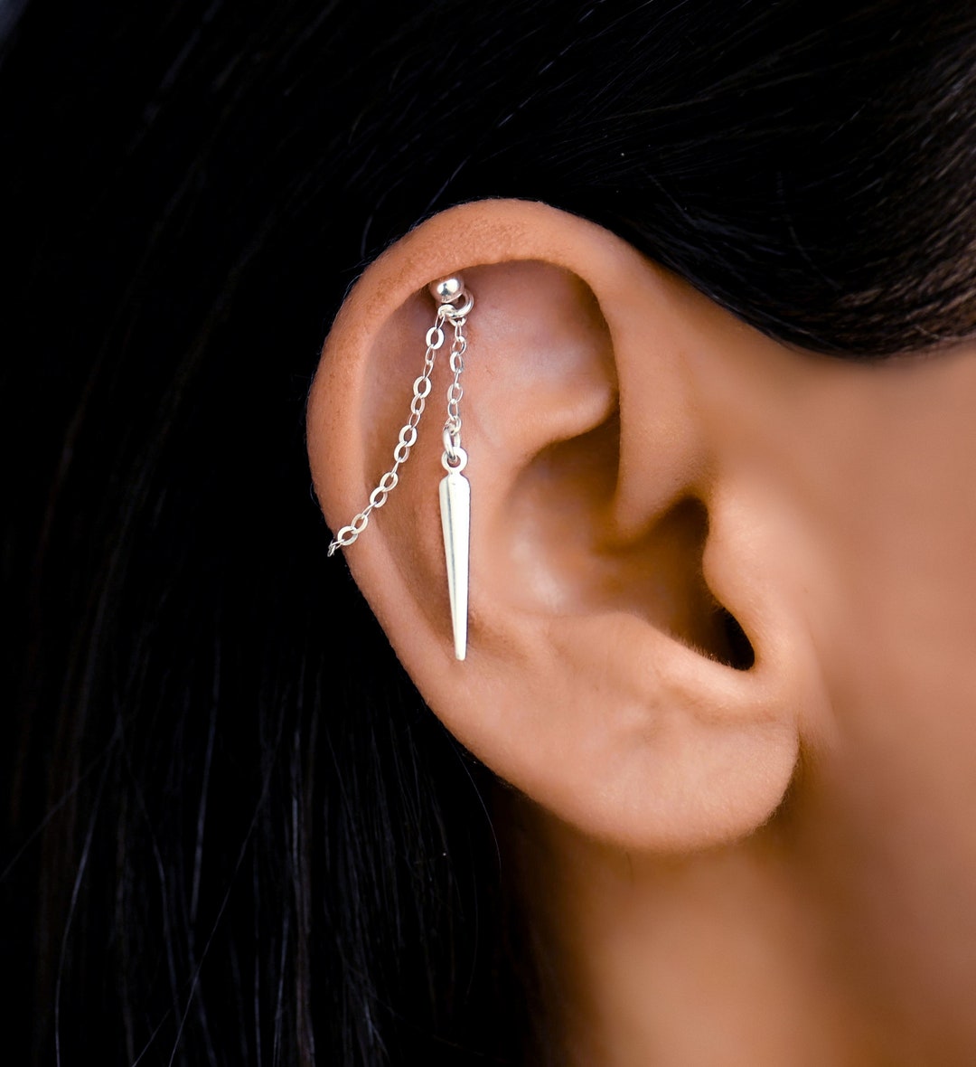 Spike Helix Chain, Helix Chain, Silver Earring Chain Dangle, Helix ...