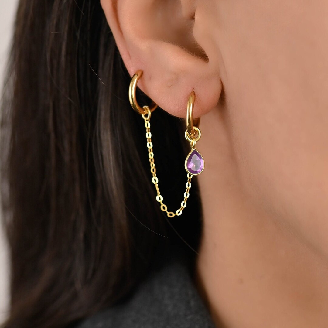 Double Piercing Hoop Chain Earring Set, Hoop Earring Chain Charms ...