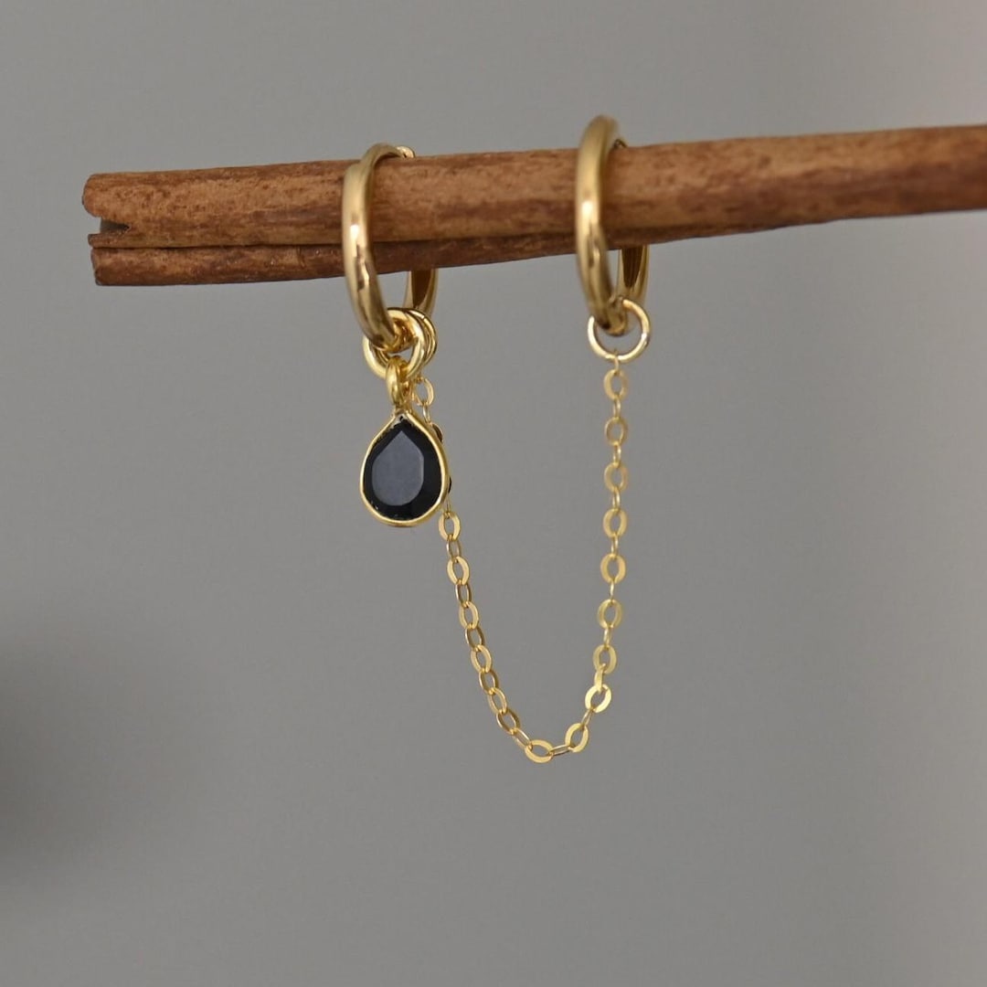 Double Piercing Gold Onyx Chain Hoop Earring Set, Chain Hoop Earrings ...
