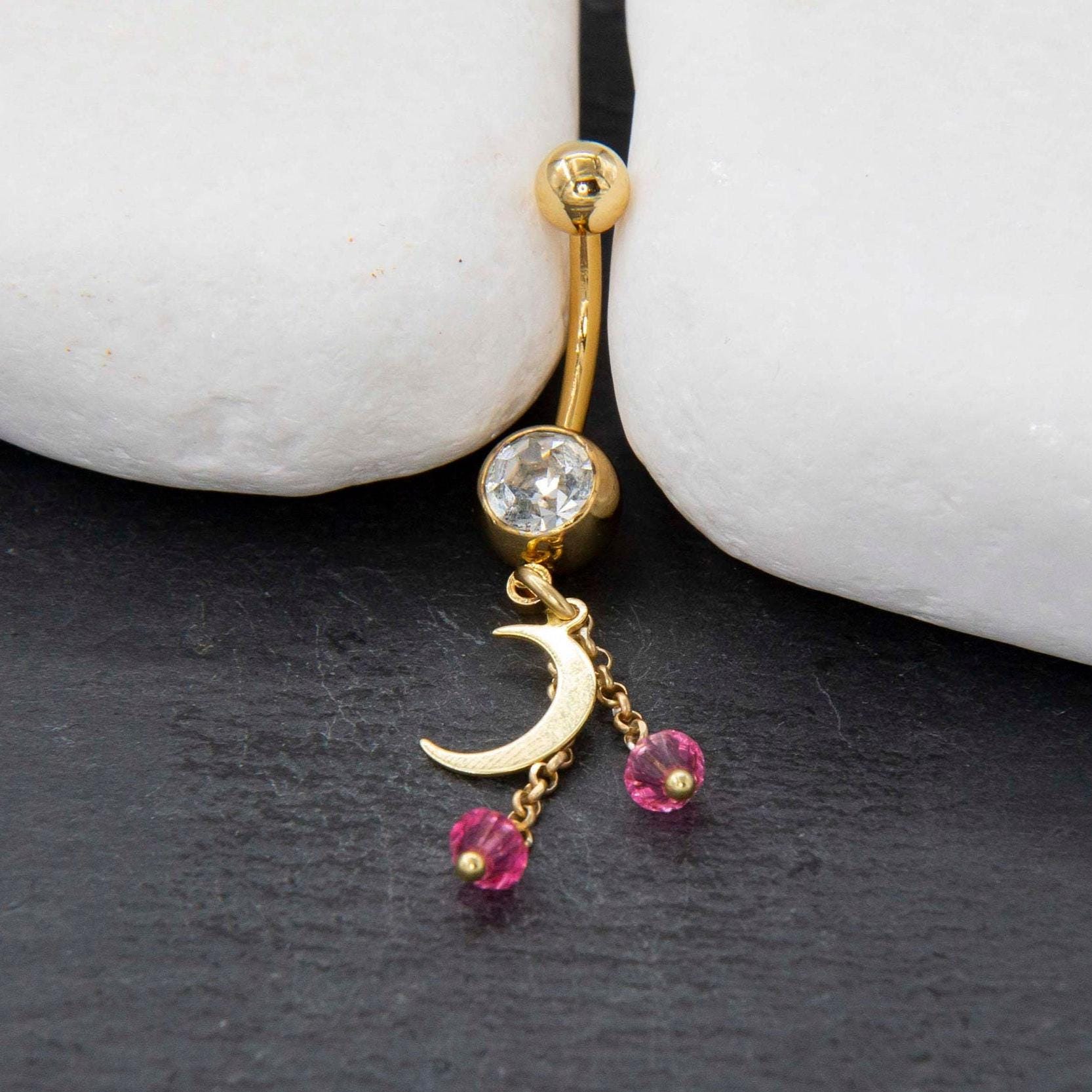 Gold Moon Belly Piercing, Belly Piercing, Dangle Gold Moon Belly Button ...