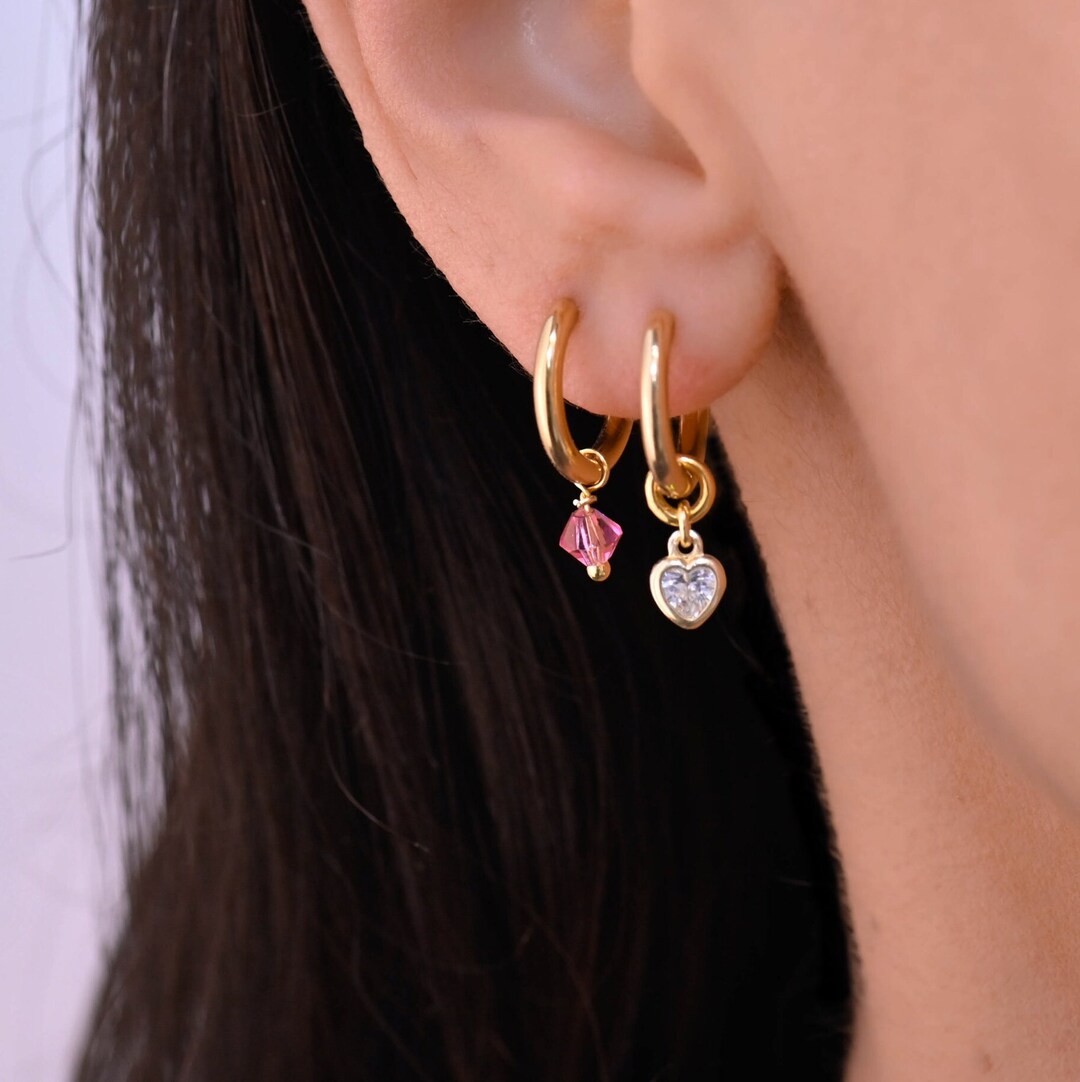 Mismatched Heart Hoop Earrings Set, Hoop Earrings With Charm, Huggie ...