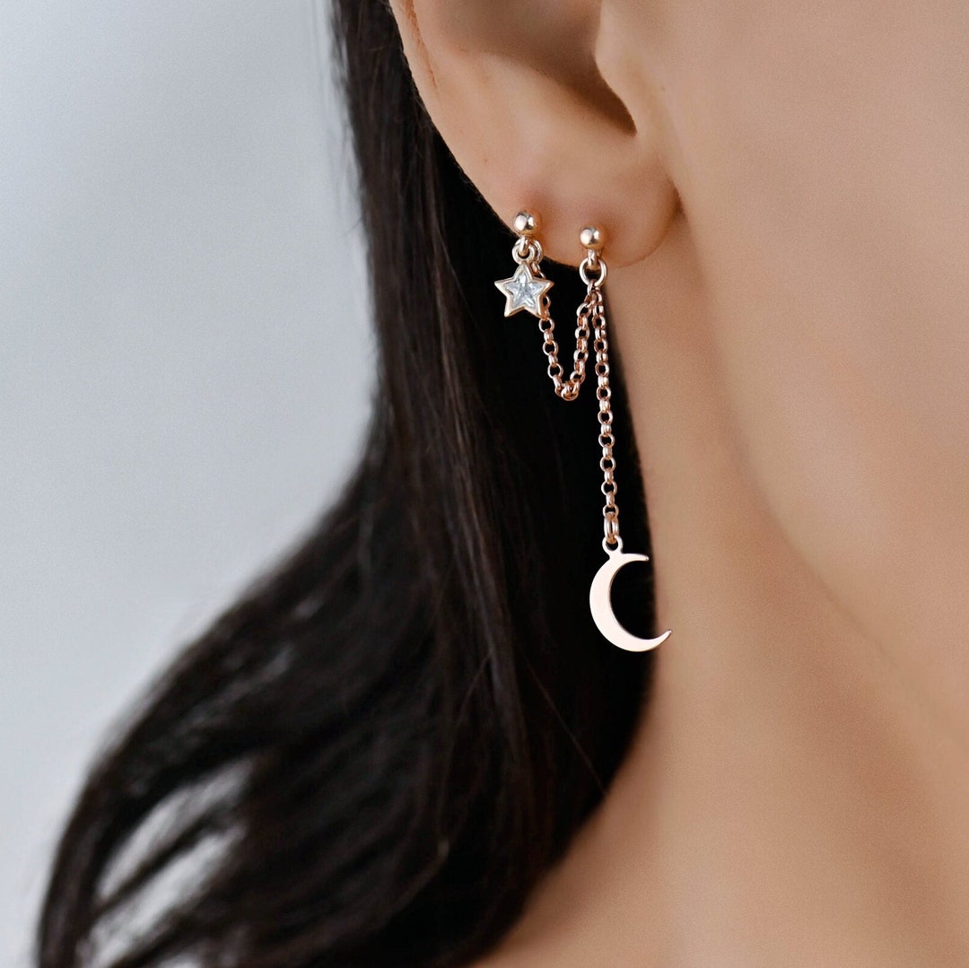 Double Stud Chain Earring Moon and Star, Long Chain Earring, Double ...