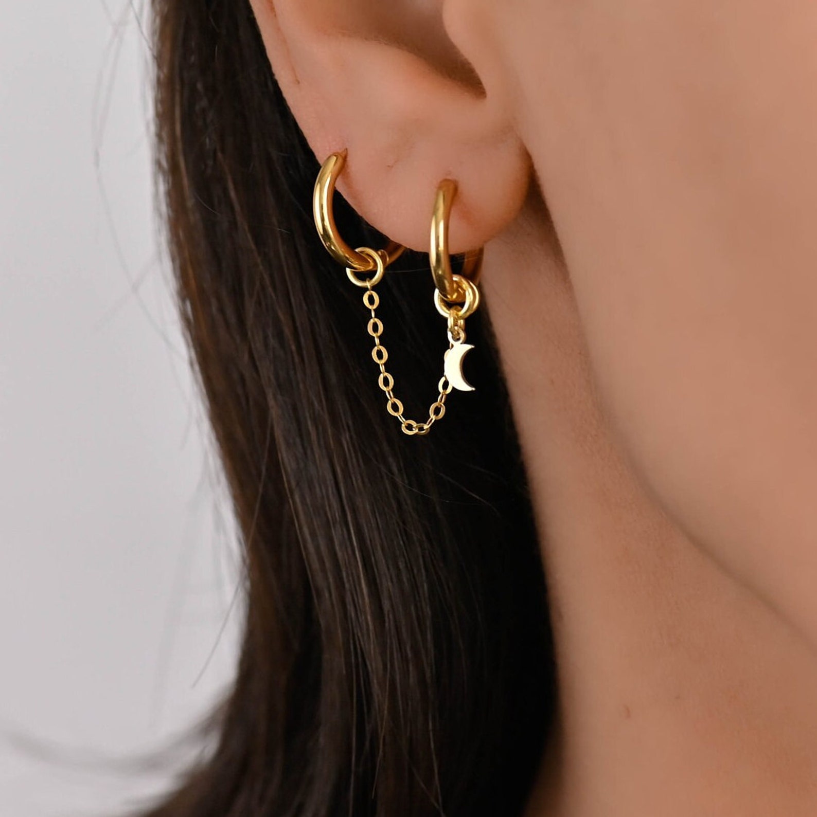 Double Piercing Hoop Earring Set, Earring Chain Charm, Earring Chain ...