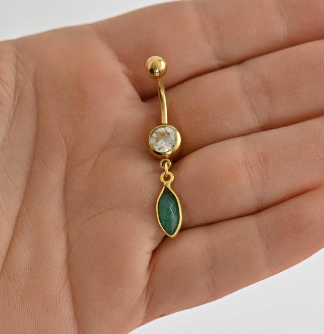 Dangle Gold Marquese Emerald Green Belly Button Ring, Belly Button ...