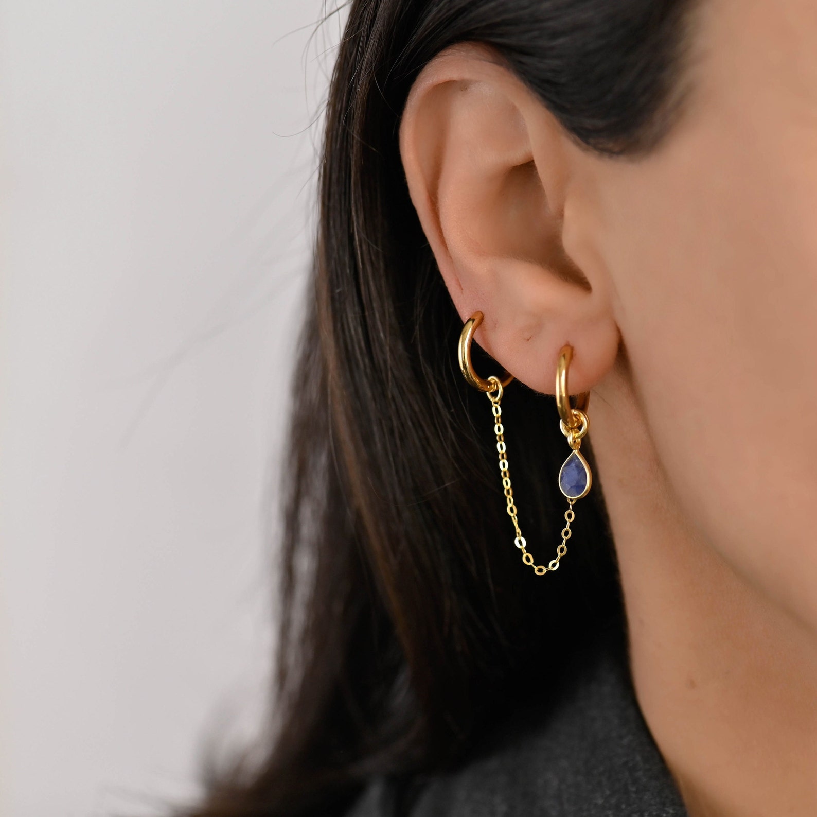 Double Lobe Multi Charm Hoops, Double Piercing Earring, Hoop Chain ...