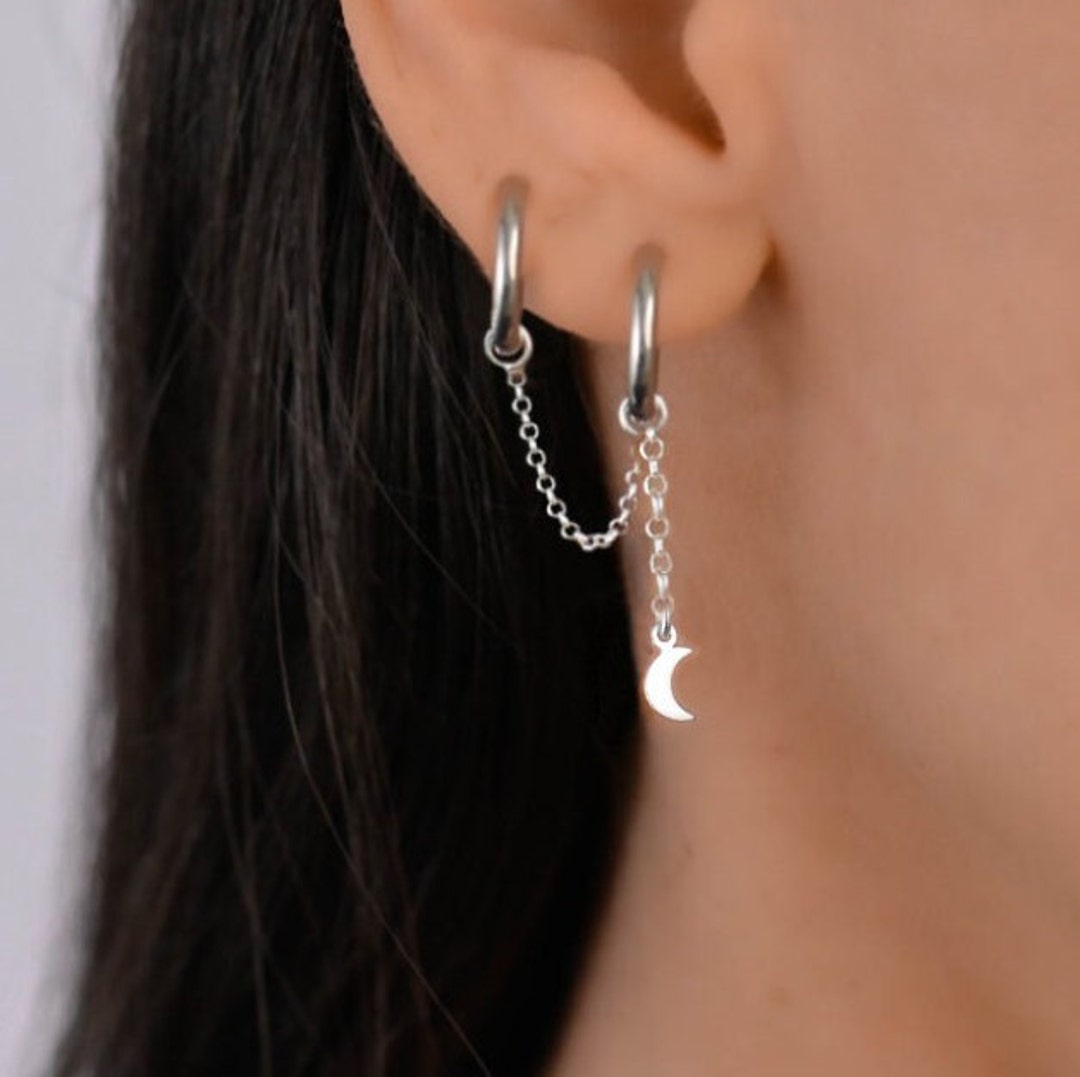 Double Piercing Moon Hoop Chain Earring Set, Double Piercing, Connected ...