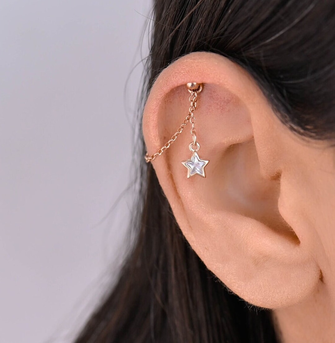Hidden Rose Gold Helix, Helix Piercing, Helix Star Piercing Chain ...