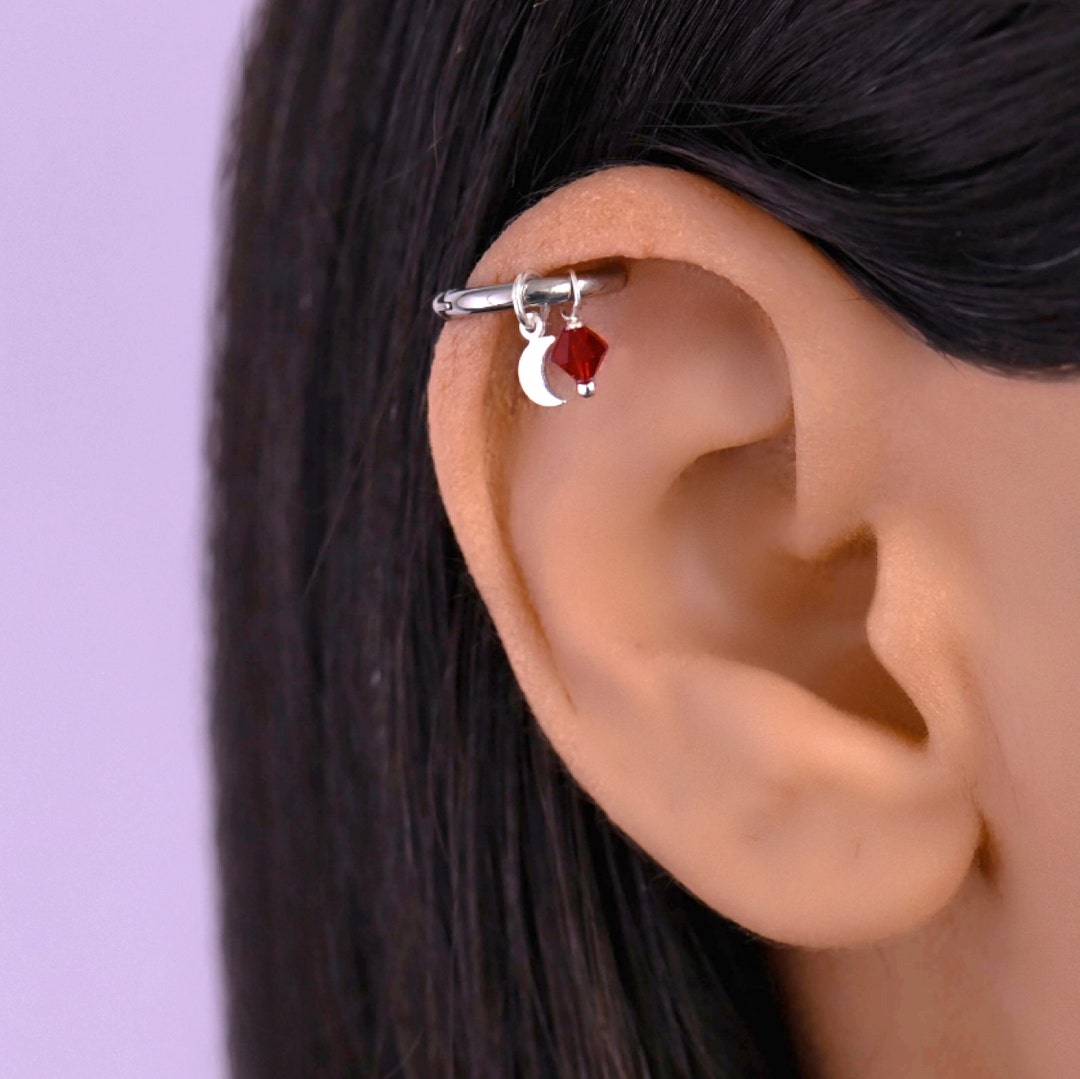 Helix Tiny Moon Charm, Helix Hoop Earring, Helix Piercing Hoop ...