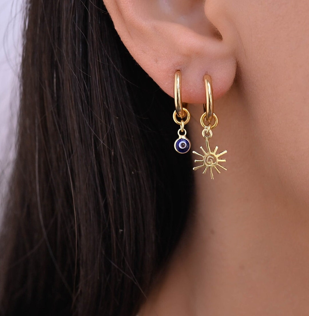 Sun Charm Hoop Earring Set, Charm Hoops, Hoop Earrings With Charm Set ...
