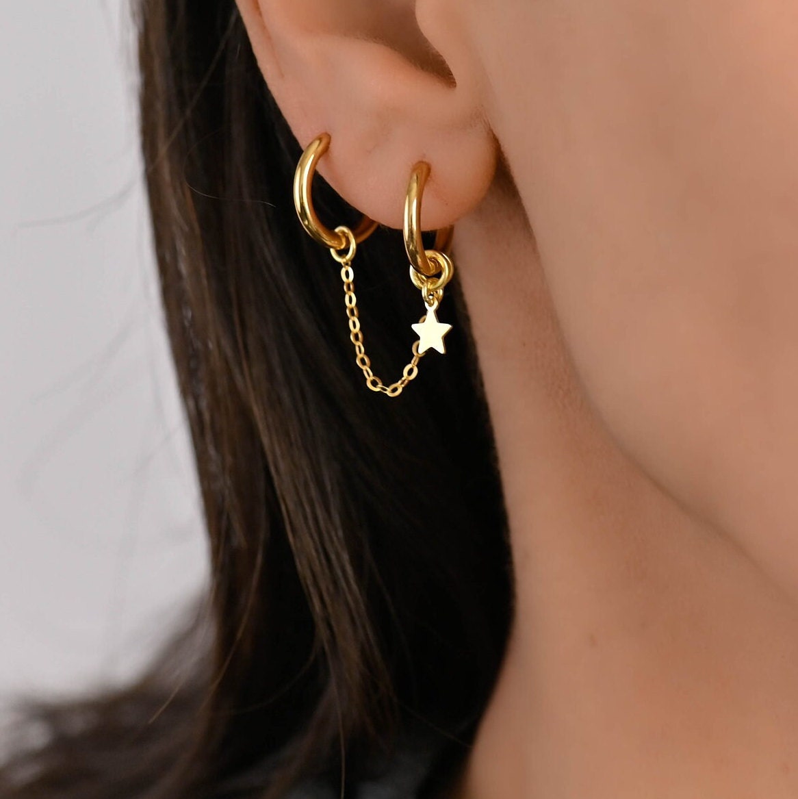Double Star Charm Piercing Chains Earrings, Earring Chain Add On ...