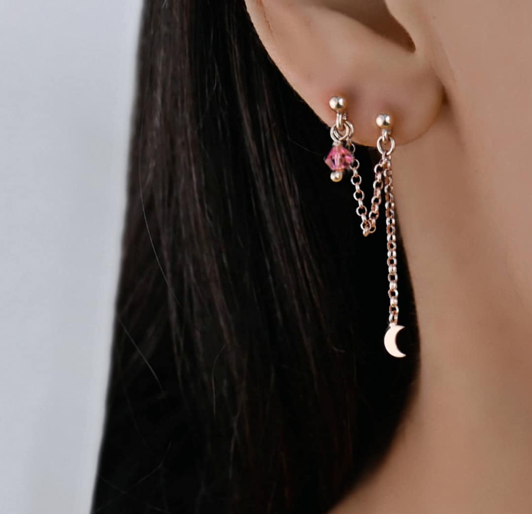 Double Piercing Moon Chain Earring, Double Piercing, Double Stud Chain ...