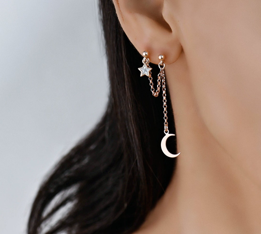 Connected Moon Star Stud Earring, Long Chain Earring, Double Stud Chain Earring, Double Piercing ...