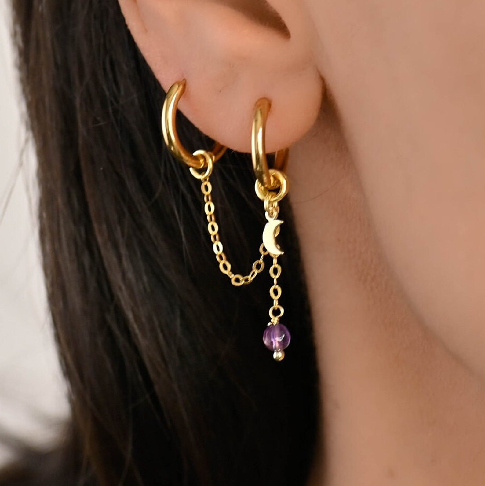 Double Piercing Hoop Earring Set, Earring Chain Charm, Earring Chain ...