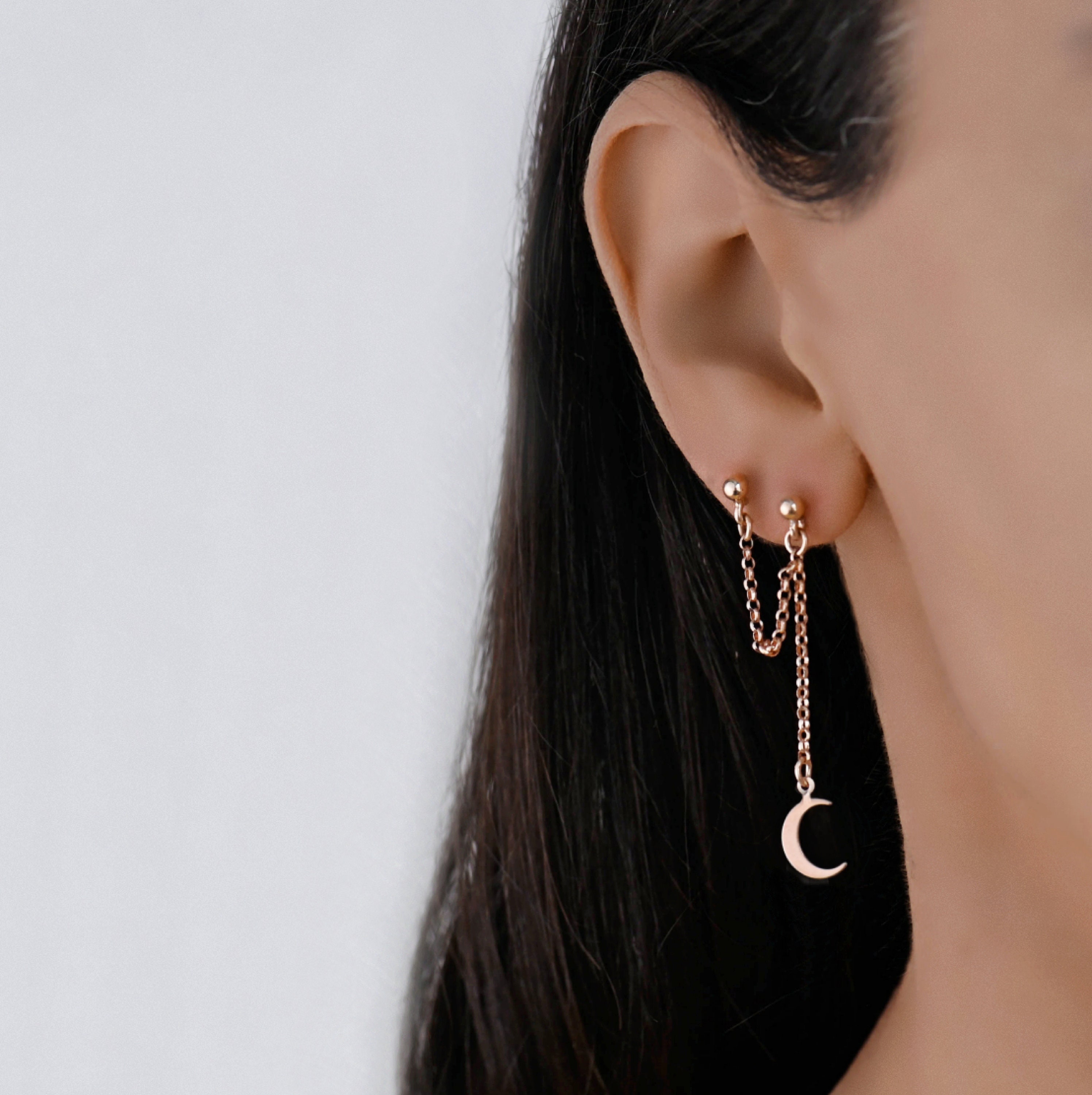 2 Hole Connected Earrings, Double Piercing, Double Piercing Moon ...