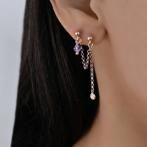 Double Piercing Chain, Double Piercing Stud, Double Piercing CZ, Double Stud Chain Earrings ...
