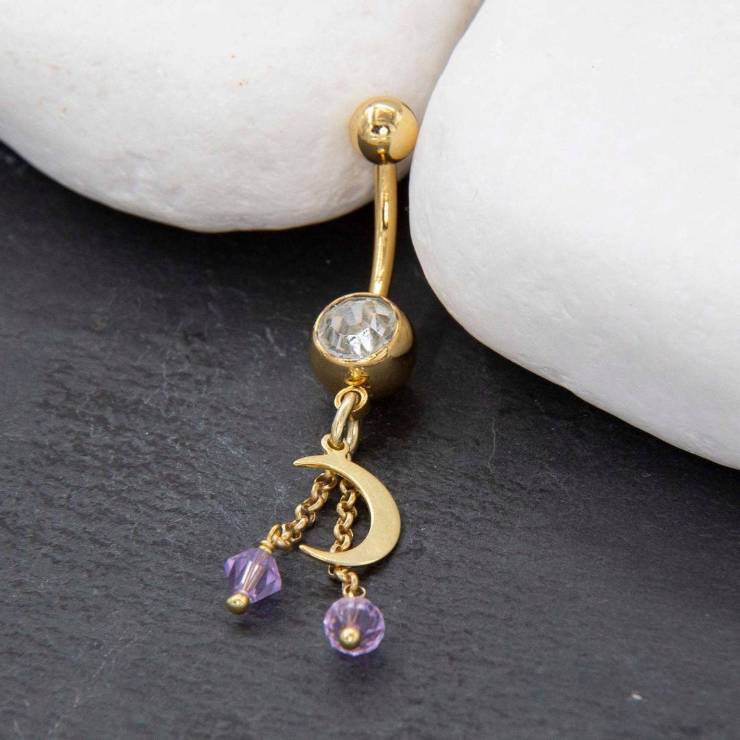 Gold Moon Belly Piercing, Belly Piercing, Dangle Gold Moon Belly Button ...