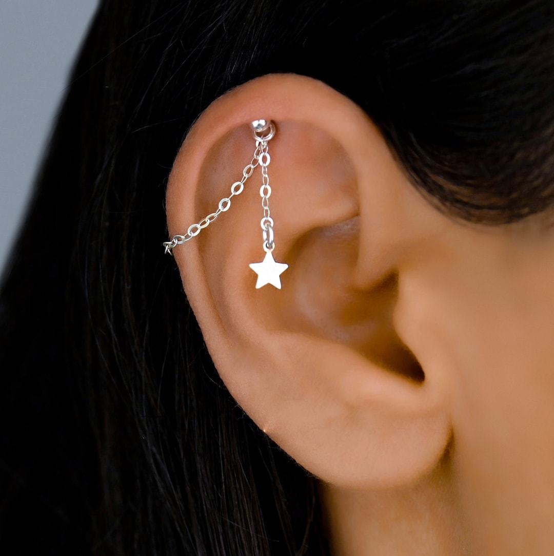 Hidden Star Helix Piercing, Helix Chain, Silver Helix Earring Chain ...