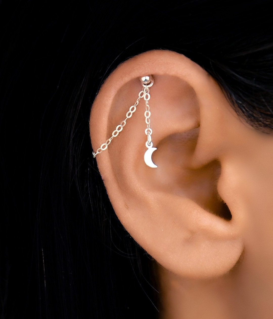 Upper Helix Moon Chain, Helix Piercing, Helix Piercing Chain, Earring ...