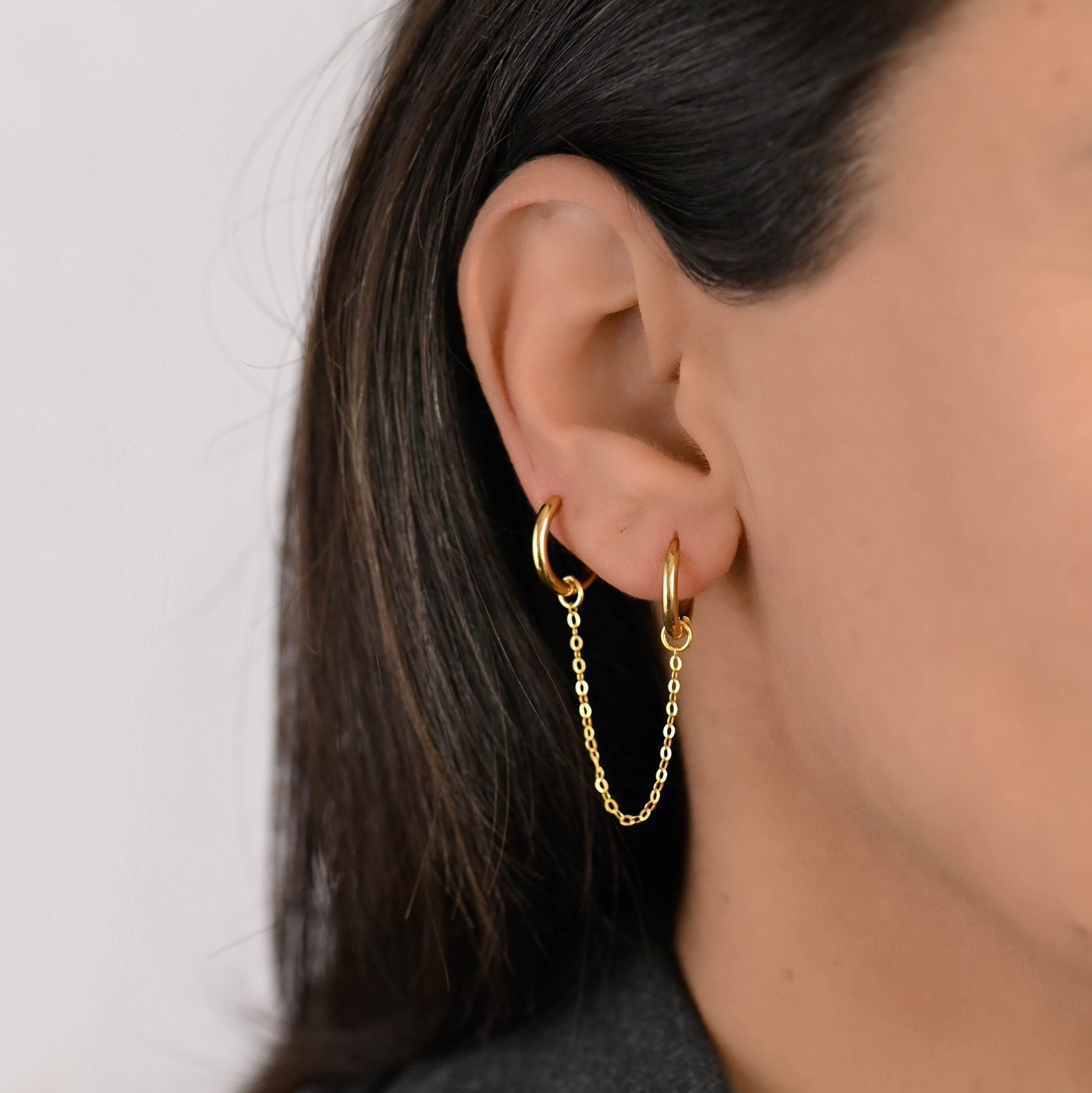 Double Piercing Gold Onyx Chain Hoop Earring Set, Chain Hoop Earrings ...