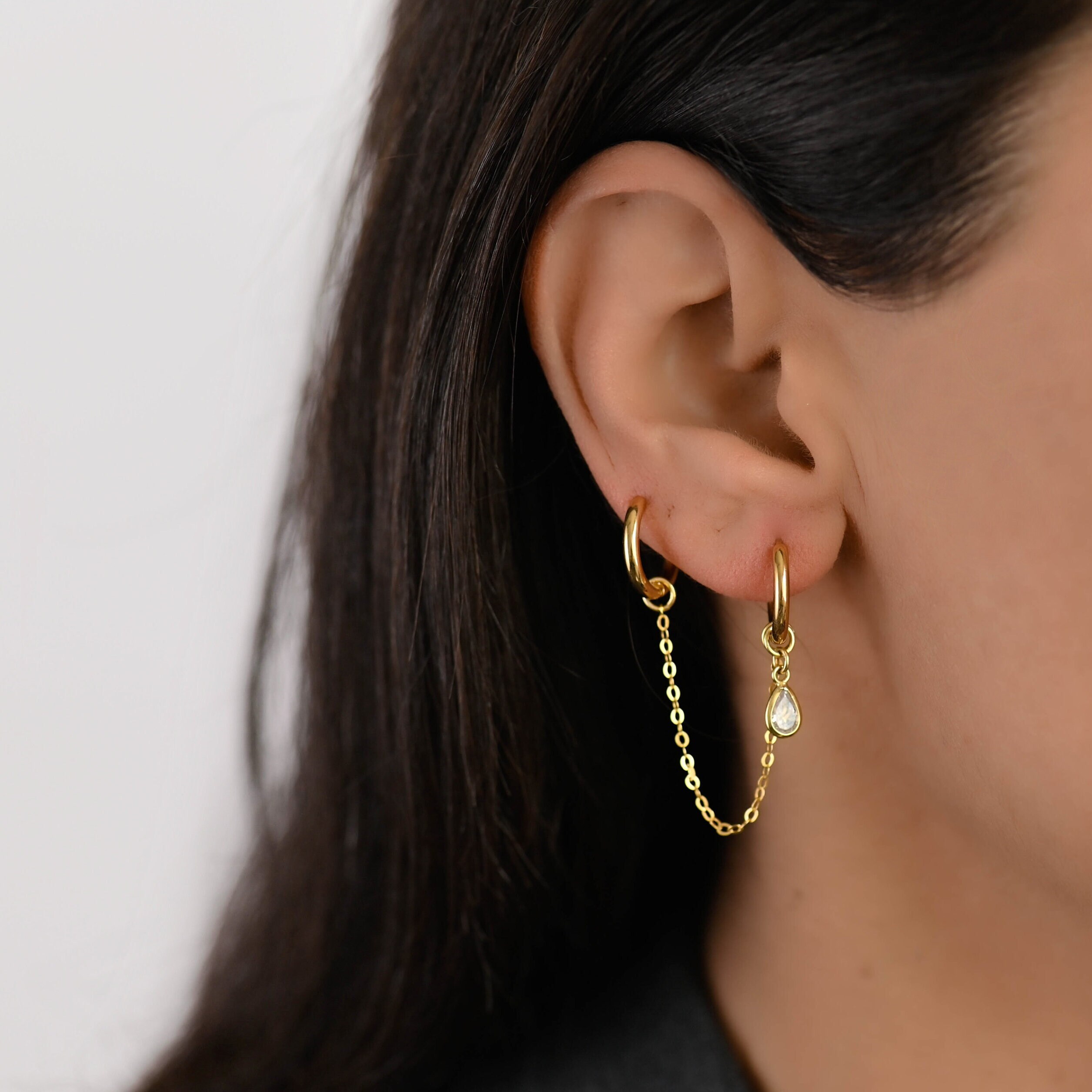 Double Hoop Chain Earring Set, Double Piercing Earring, Gold Chain ...