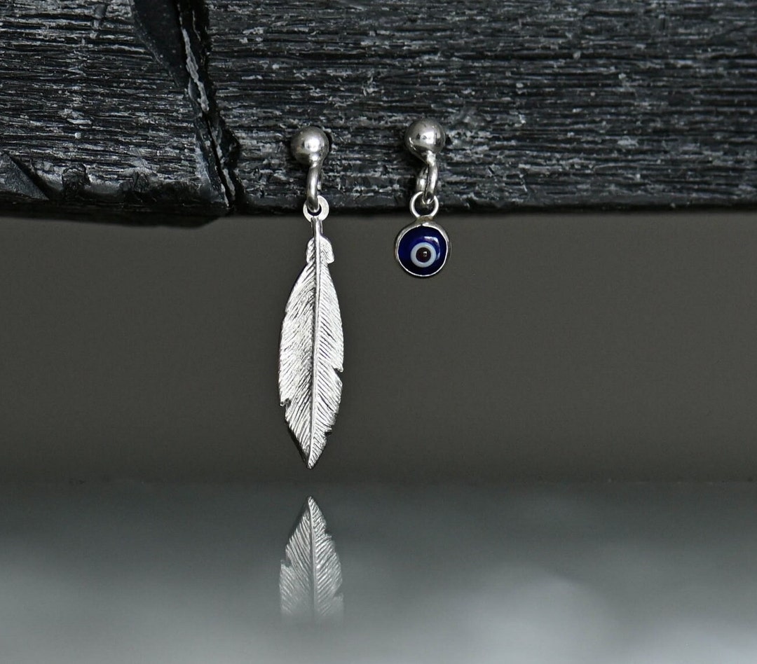Feather Evil Eye Studs, Mismatch Earring Set, Mix and Match Earring Set ...