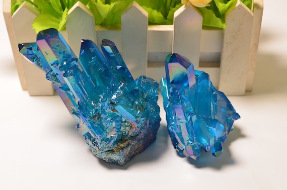 Aura Sea blue electroplated crystal clusters Natural Raw | Etsy