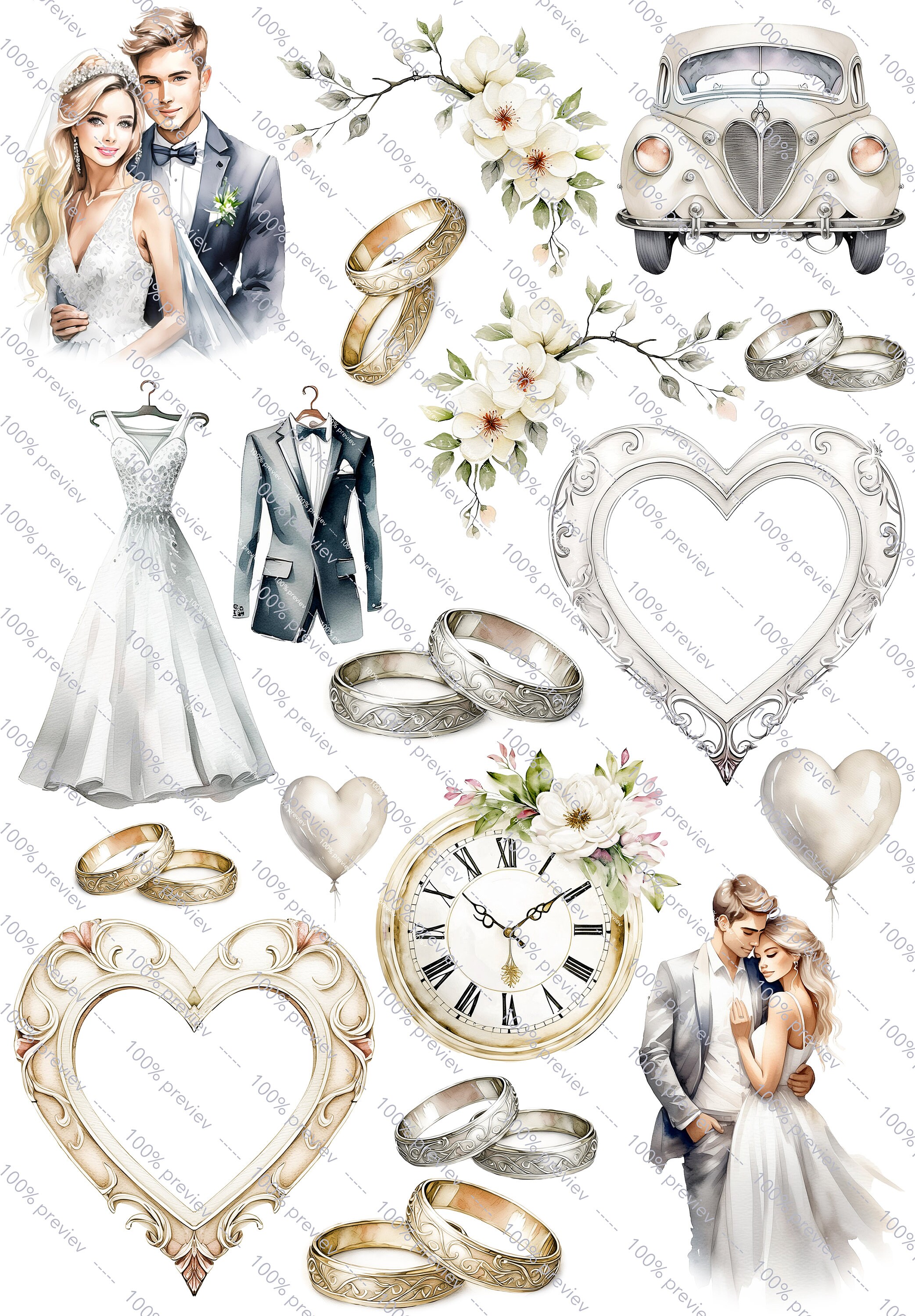 2 A4 Sheets With Watercolor Wedding Elements - Printable Graphics - Etsy