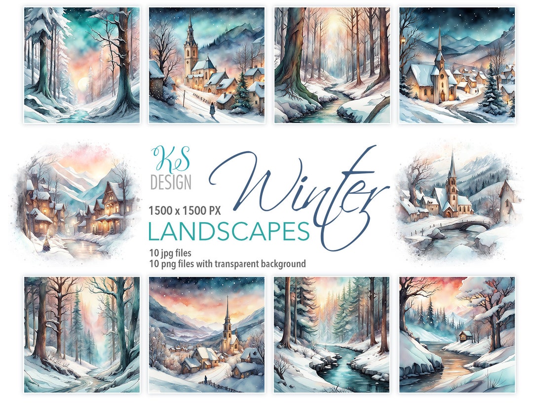Watercolor Winter Landscapes Printable Graphics - Etsy