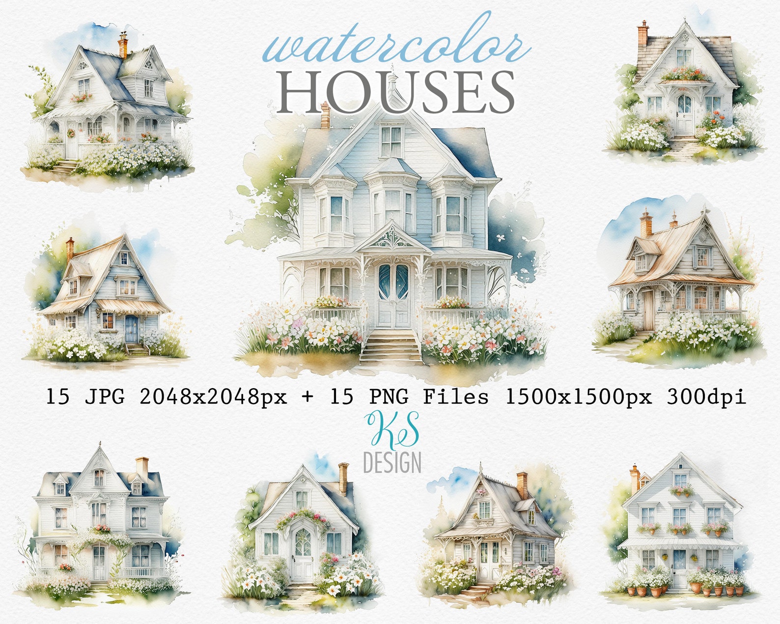 Watercolor Houses Printable Graphics - Etsy