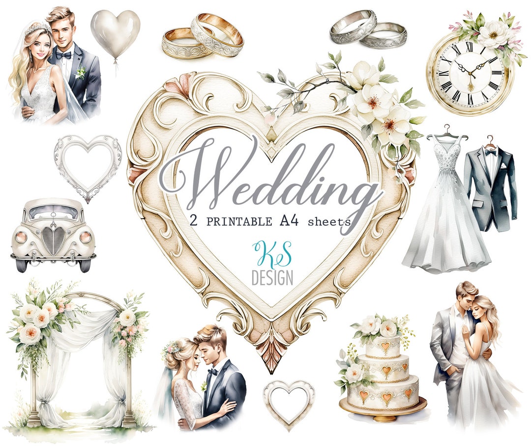 2 A4 Sheets With Watercolor Wedding Elements - Printable Graphics - Etsy