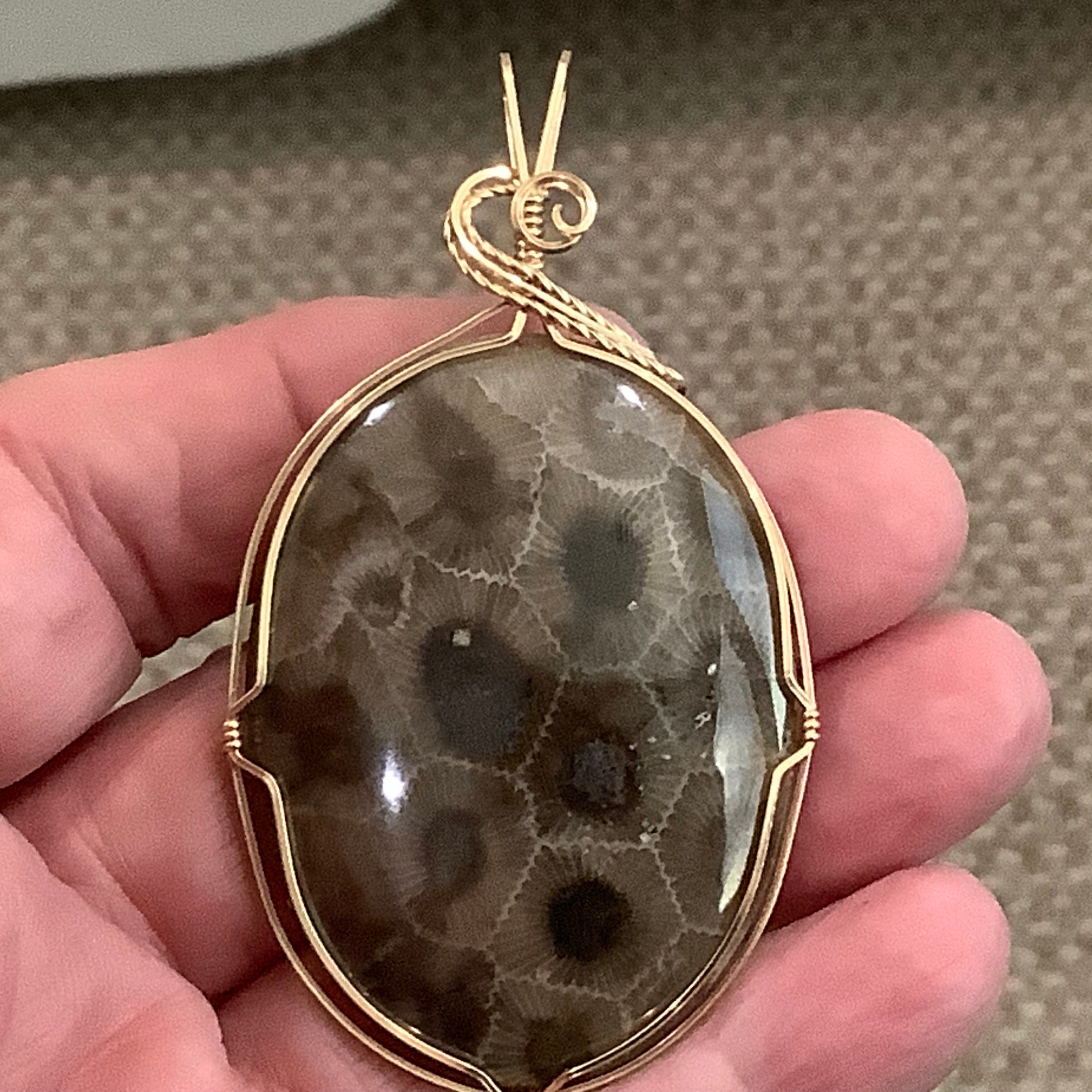 HUGE Petoskey Stone Pendant With Dark Eyes 362, Set in Gold. Michigan ...