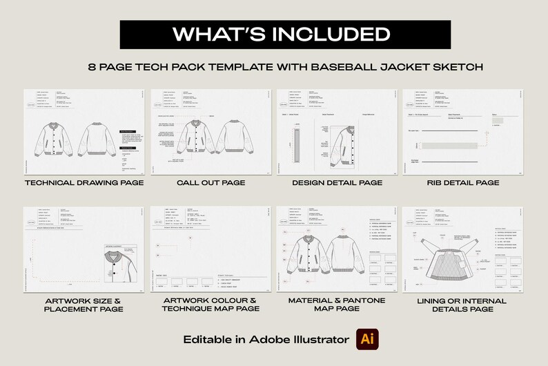 Baseball Jacket Tech Pack Template: Editable Illustrator + Size Chart ...