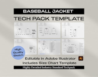 Baseball Jacket Tech Pack Template: Editable Illustrator + Size Chart ...