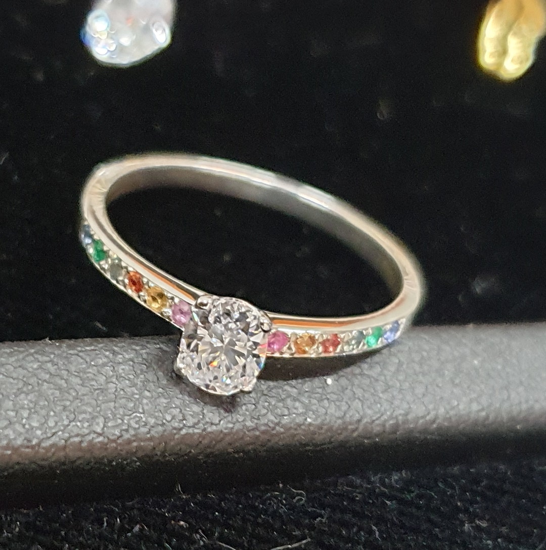 Solitaire Ring, Multi Color Ring, Centre Stone Cz With Side Stones ...