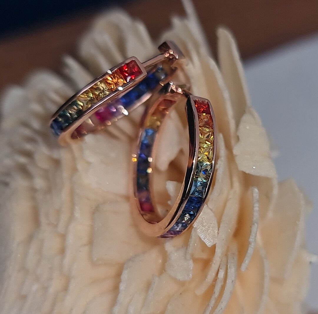 Rainbow Sapphire Hoop Earring, Hand Made in 14k and 9k Solid Gold ...