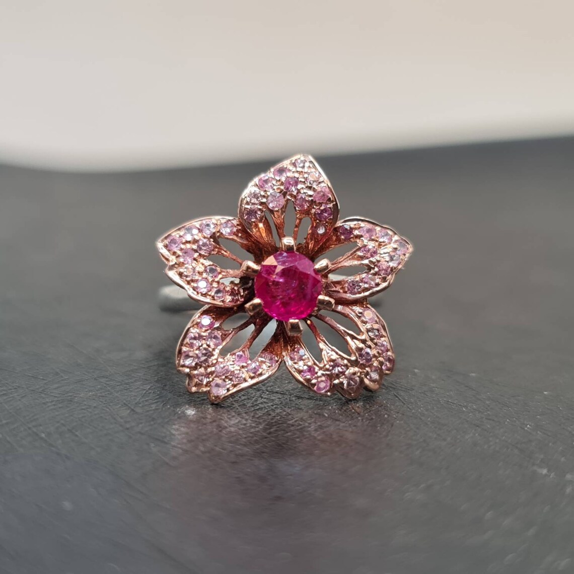 Sapphire and ruby flower ring. Natural gemstones. Sakura | Etsy