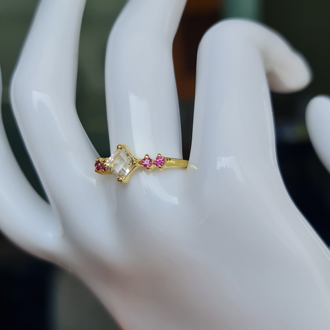 Handmade Asscher Cut Topaz Ring, Garnet Accents, Gold Plated Sterling ...
