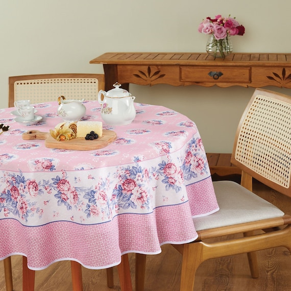 Pink or Blue Tablecloth With Printed Design of Pink Roses 60 Round or Rectangle Tea Party Tablecloth Etsy