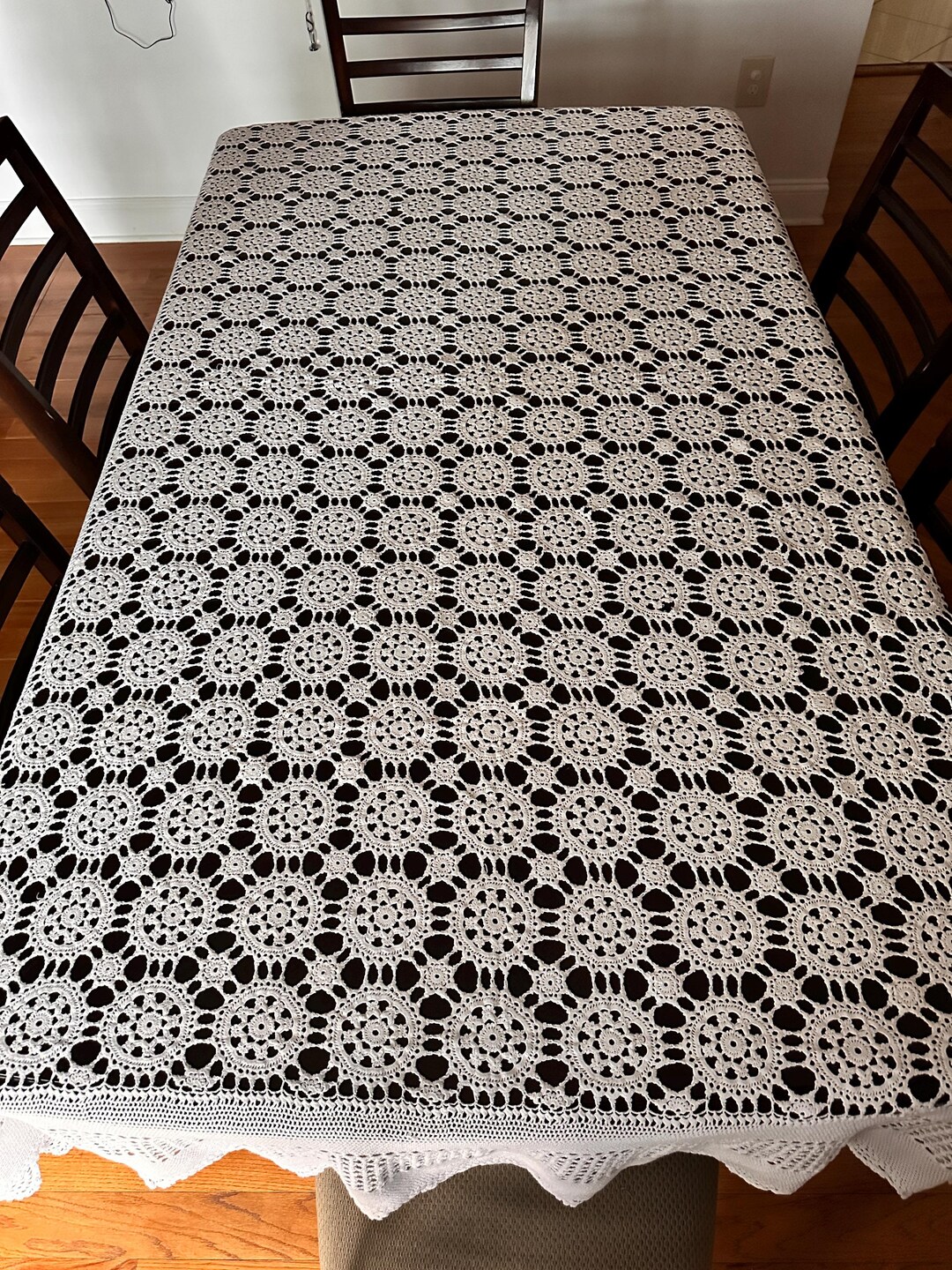 Handmade Crochet Rectangle Tablecloth. 60"x95" White Color, Cotton Yarn ...