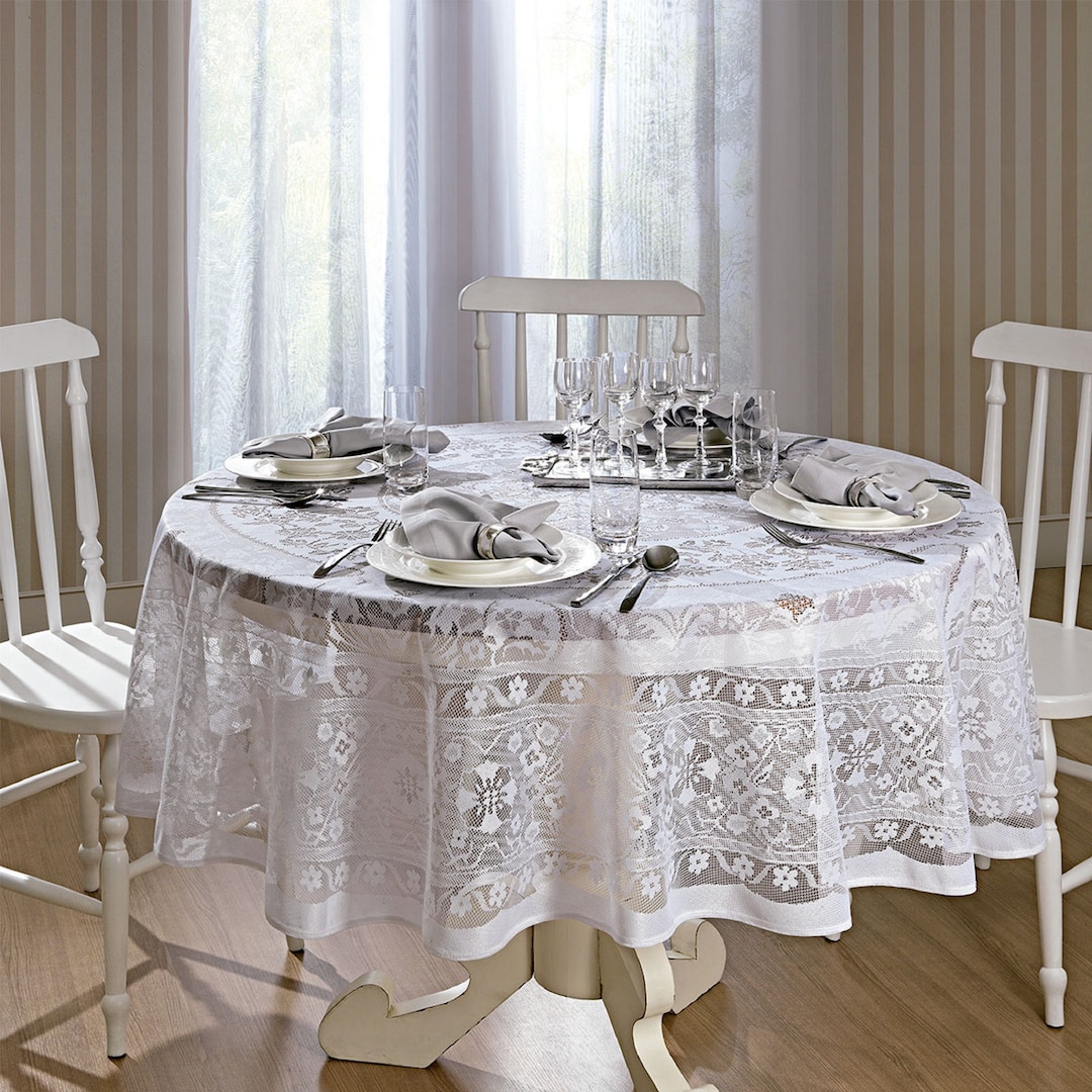 70 Inch Round White Lace Tablecloth With Classic Reproduction of ...
