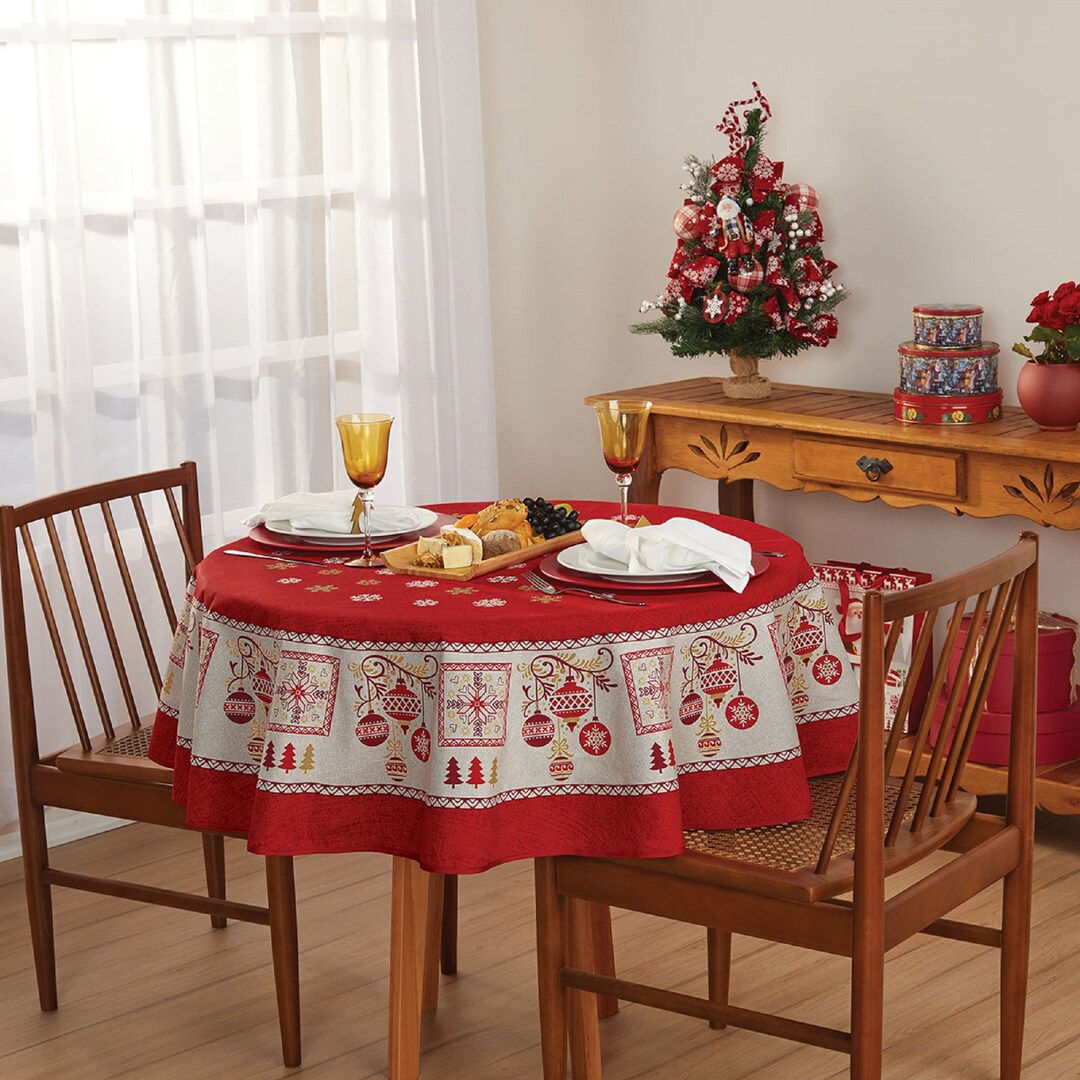 Christmas Tablecloth- Mid Century Style in Red, Light Cream and Gold ...