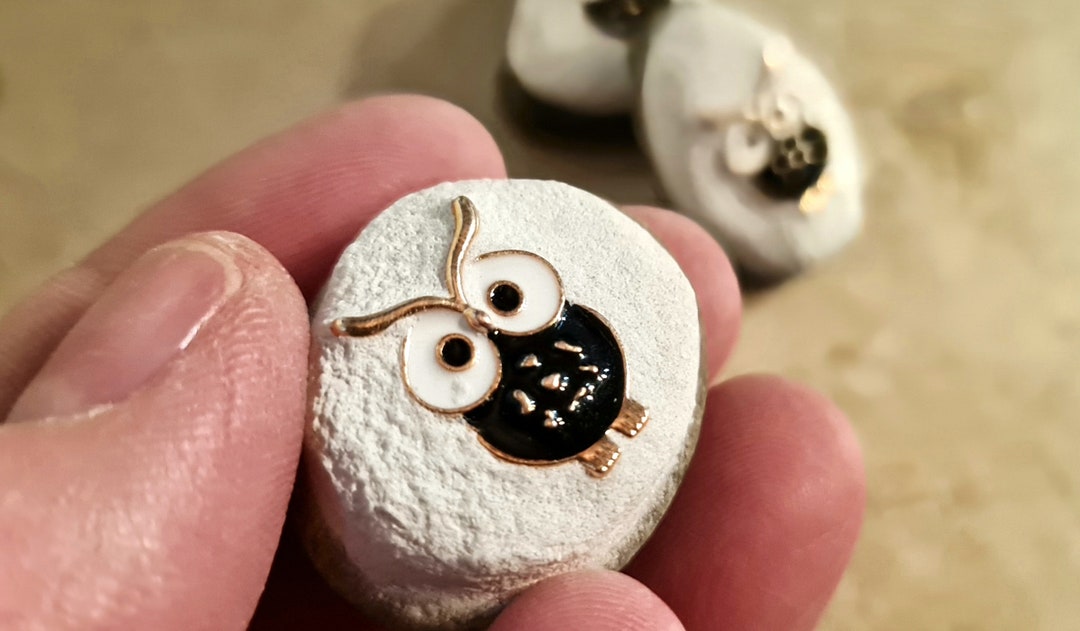Small Double, OWL, Lucky Charm Pebble With Enamelled Decorative Element ...