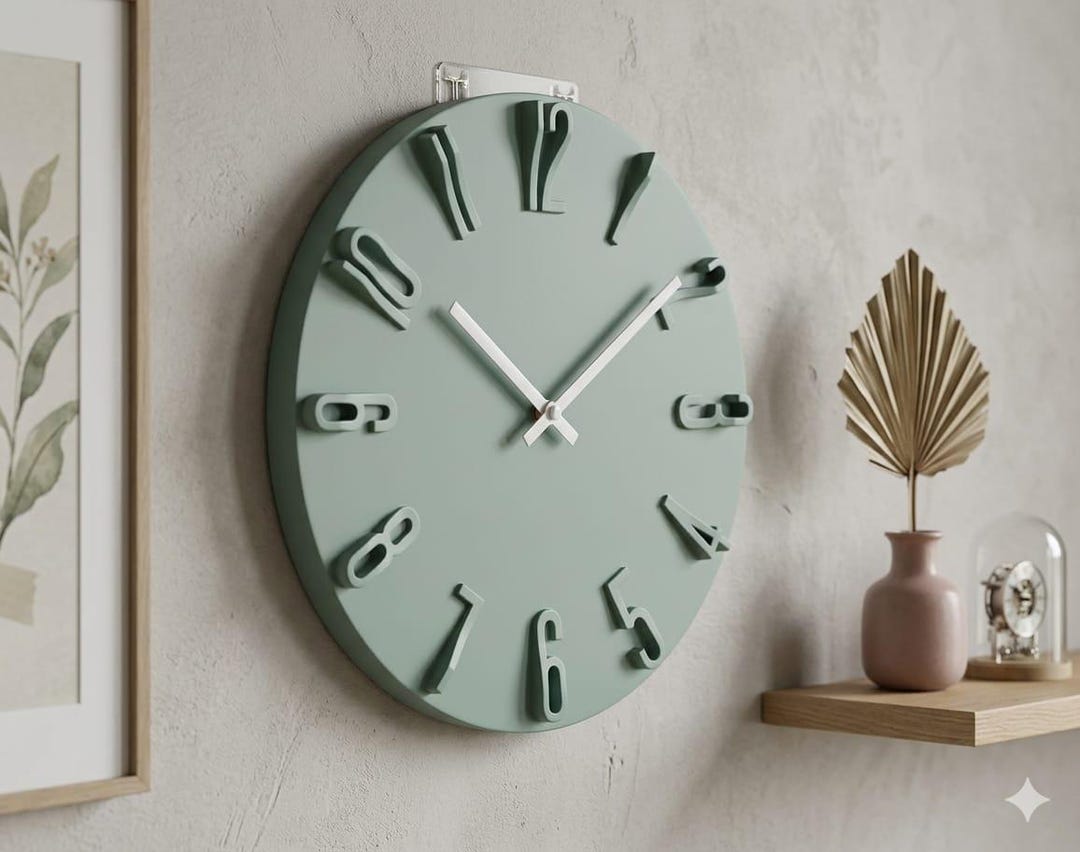 DESIGNO Green Wall Clock 30 Cm - Silent Non Ticking 3D Raised Numbers ...