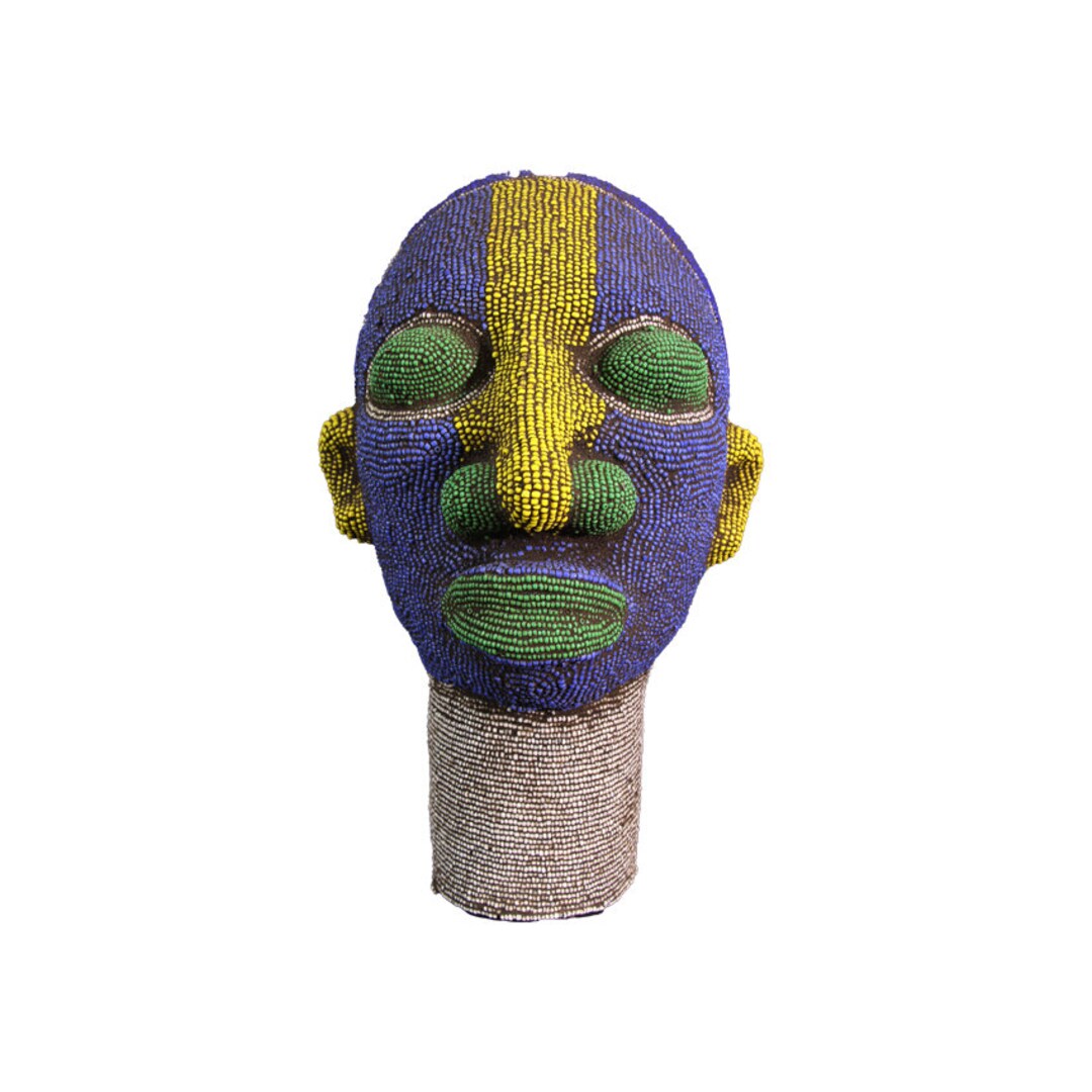 African Beaded Head .blue , Yellow and Green From Cameroon. Authentic ...