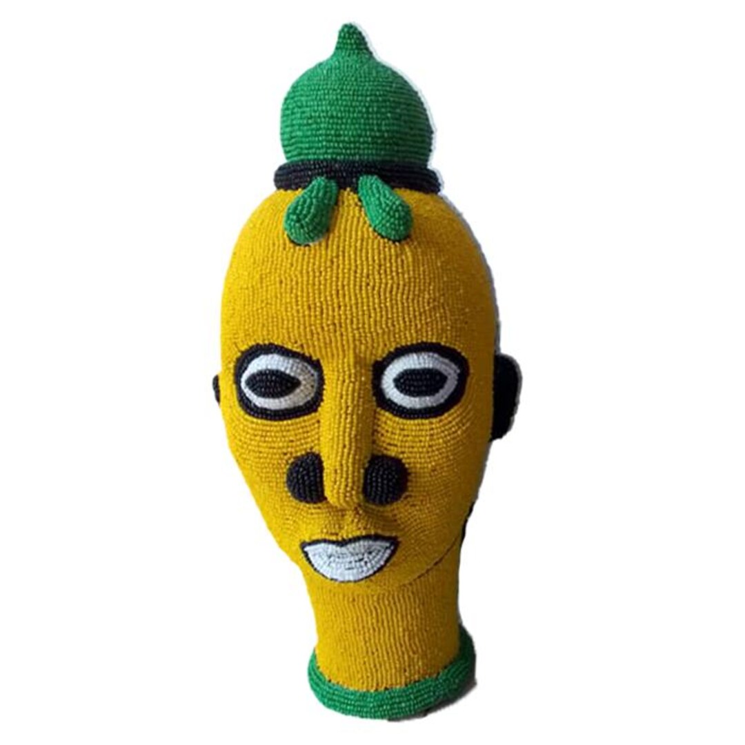 African Beaded Head. Yellow Face Green Hair From Cameroon. Authentic ...