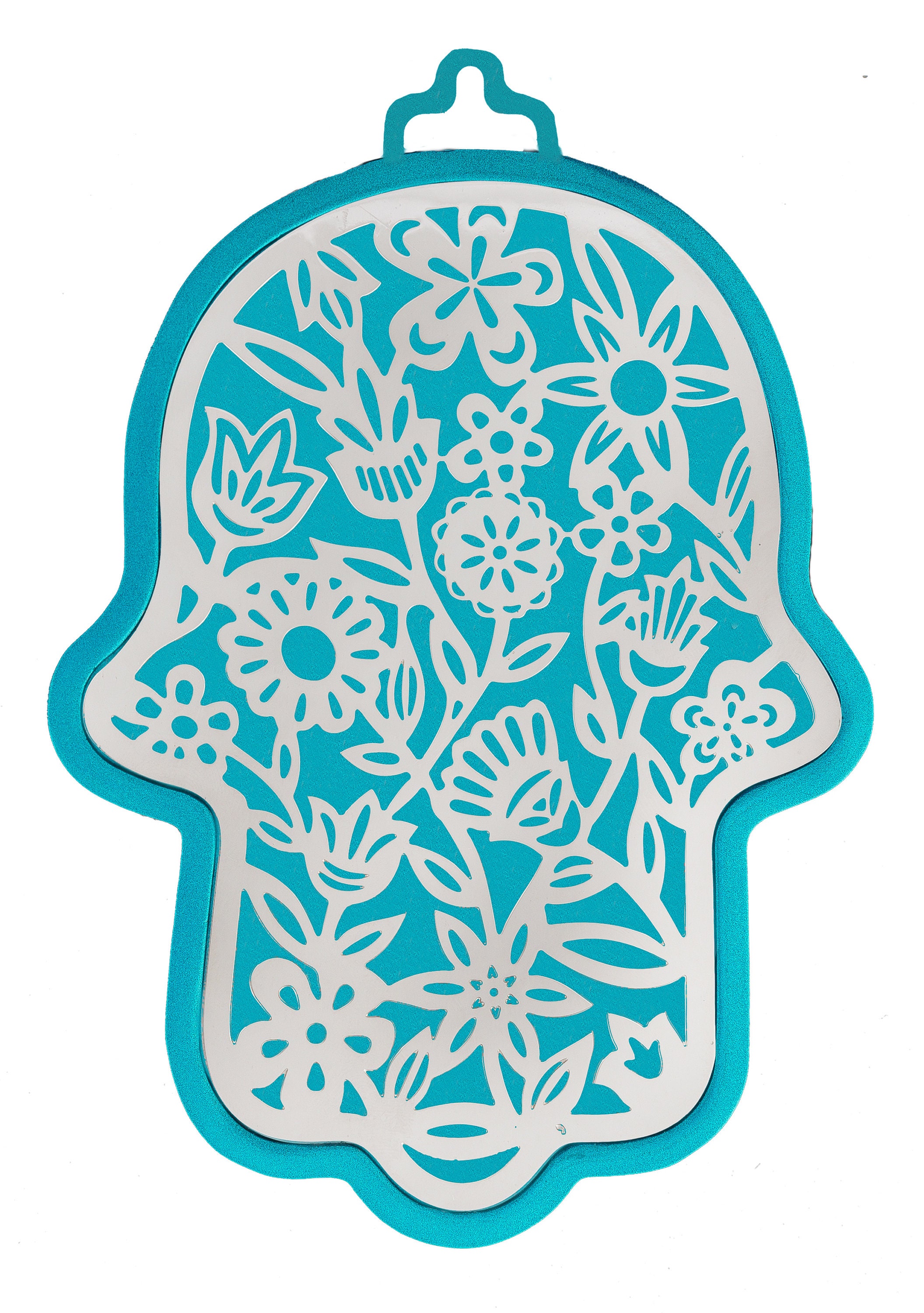 Hamsa Judaica Wall Art Good Luck Large Hamsa Silver Color on Turquoise ...