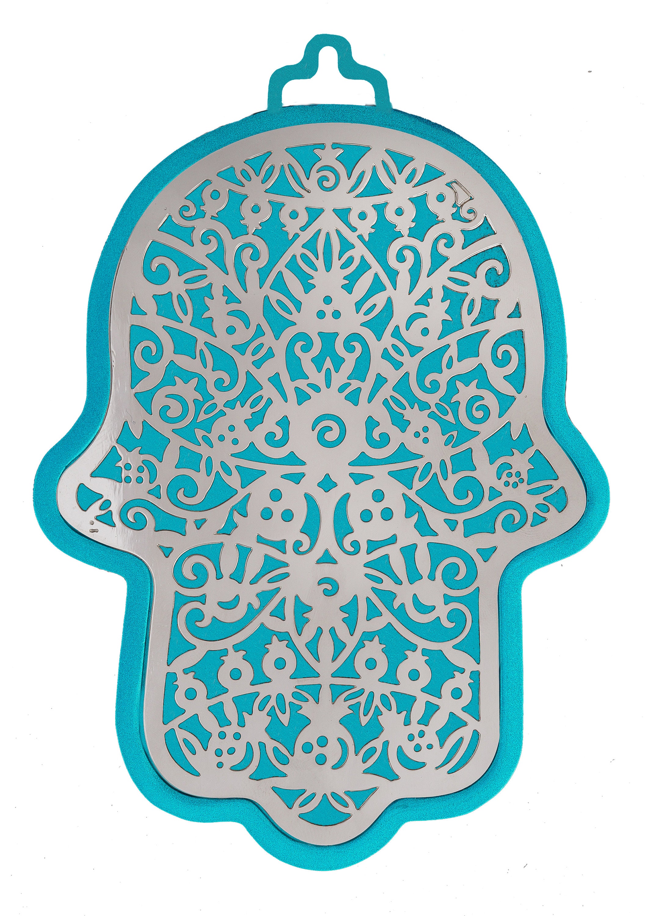 Hamsa Judaica Wall Art Good Luck Large Silver Hamsa on Turquoise, Metal ...