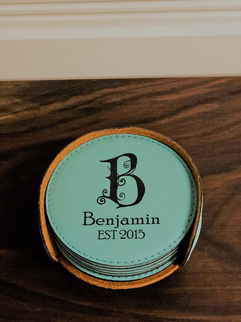 Personalized round leather coasters set of 6 w/ holder Custom | Etsy